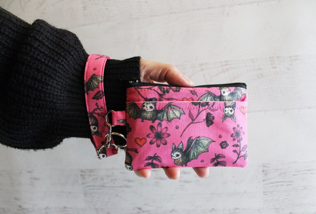 Pink Bats and Flowers Print ID Holder, Mini Wristlet Wallet - Zippered ...