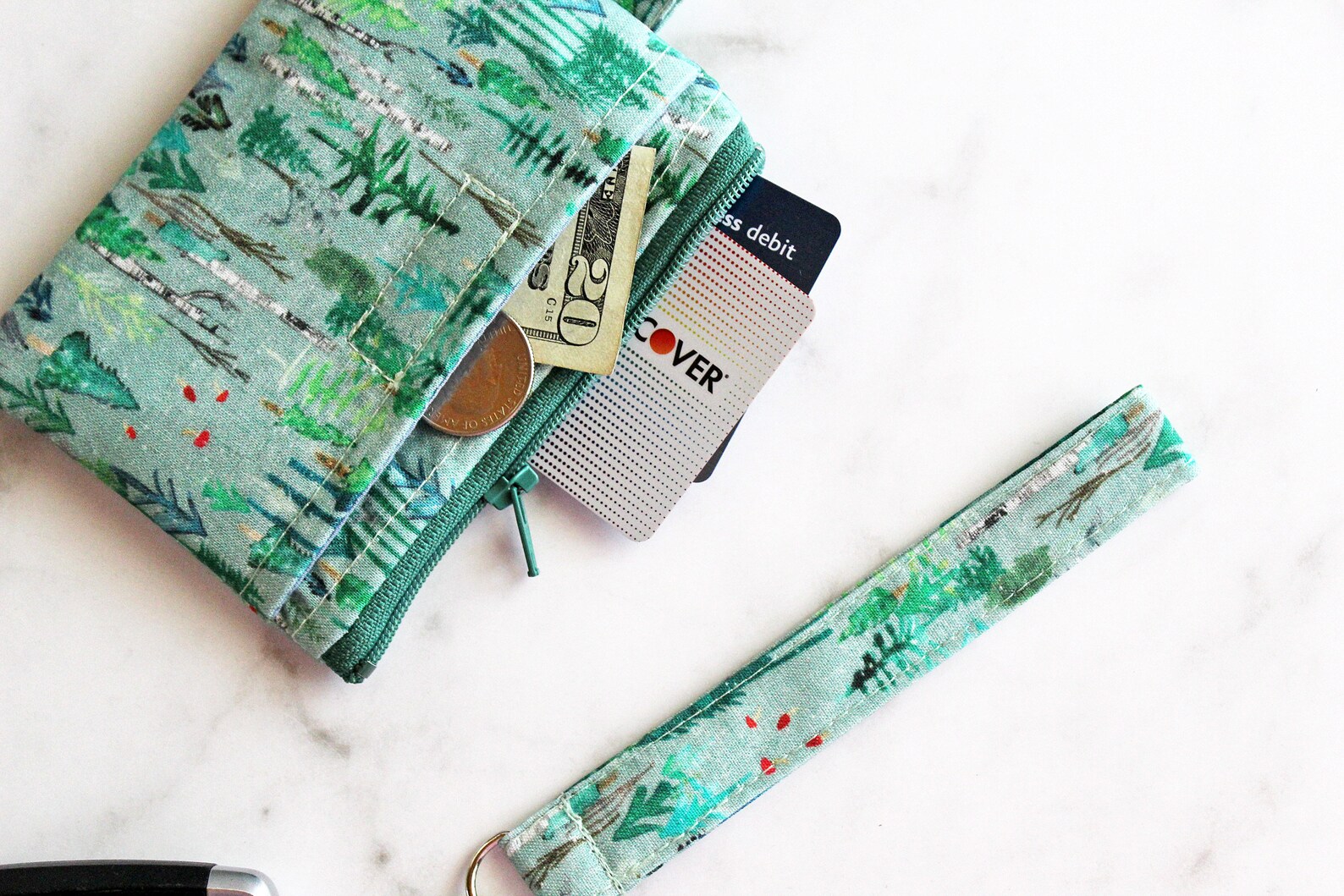 Woodland Trees Small Wristlet Wallet / ID Holder Case - Green Zipper ...