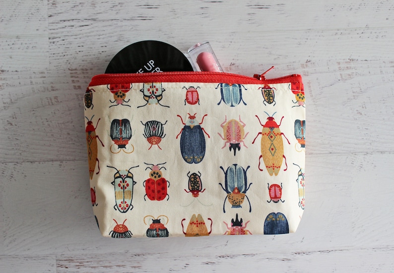Beige Beetle Print Zipper Pouch: Cotton Makeup Bag, Insects Print ...