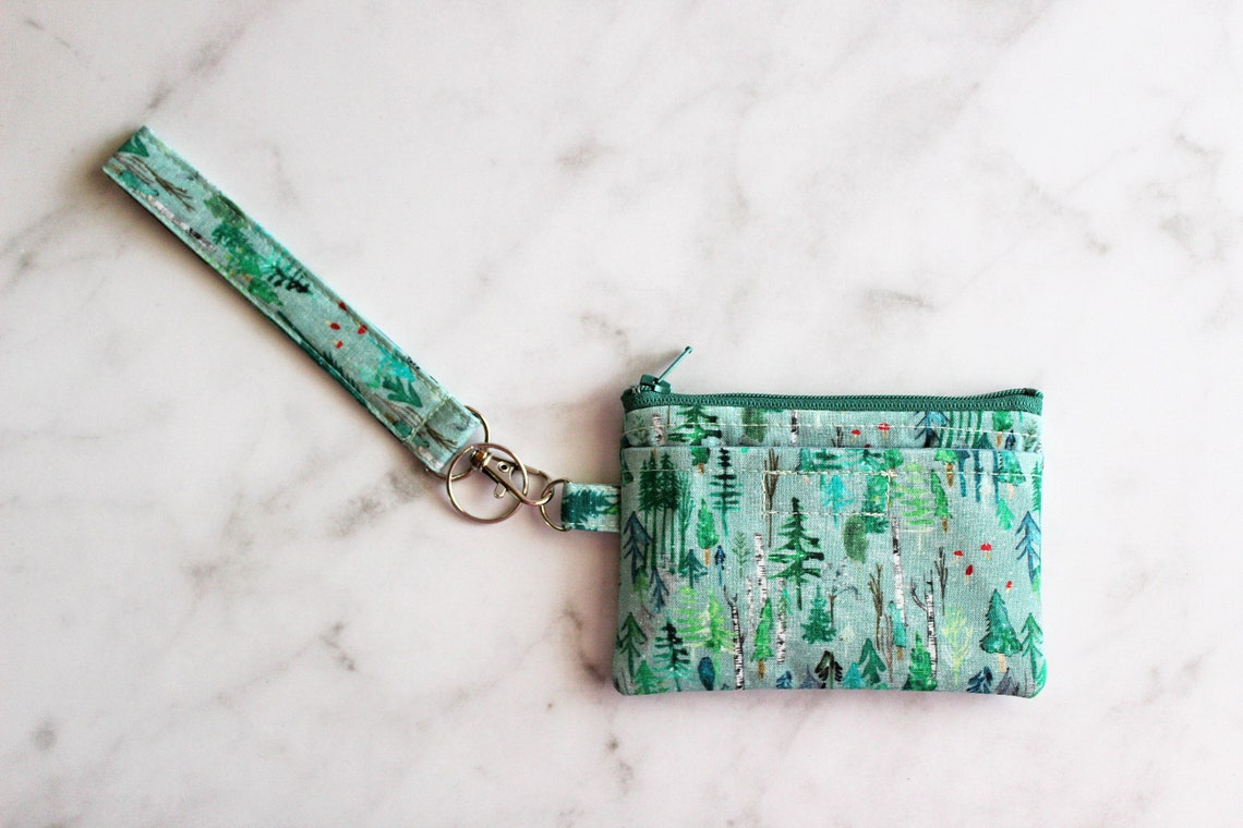 Woodland Trees Small Wristlet Wallet / ID Holder Case - Green Zipper ...