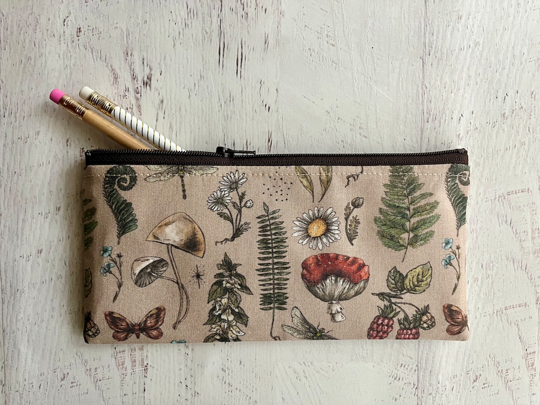 Mushroom & Moth Pencil Pouch: Woodland Zipper Pouch, Cottagecore Bag - Etsy