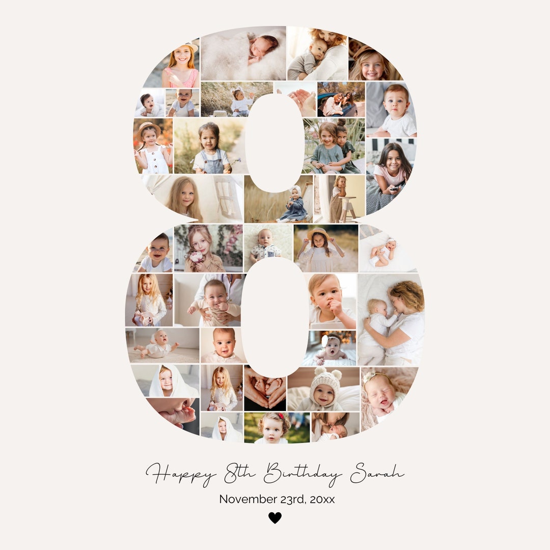 8th Birthday Photo Collage Template, 8th Birthday Photo Milestone Sign ...