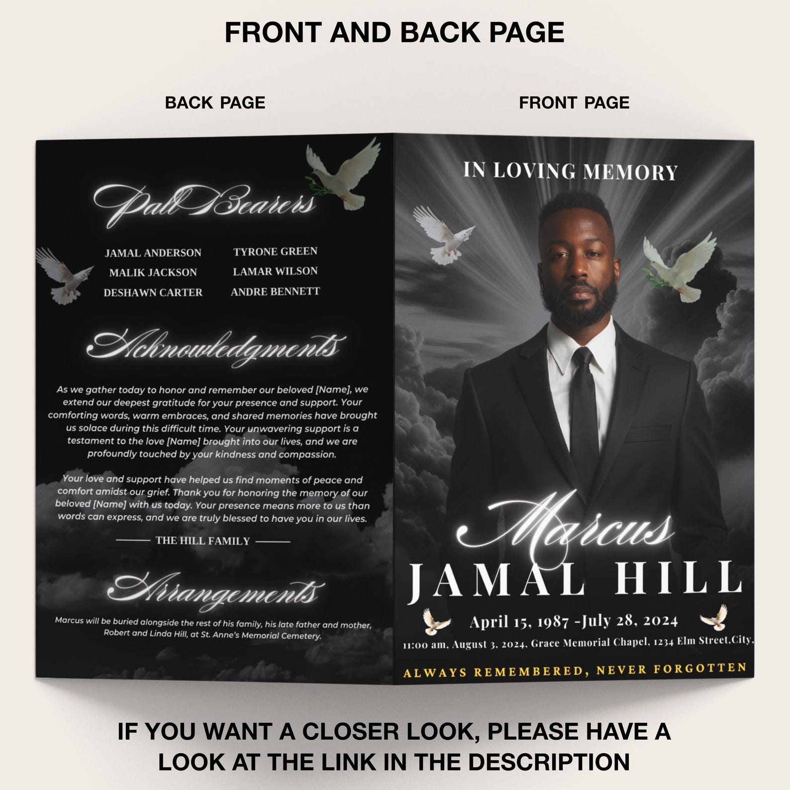 Funeral Memorial Program, 8 Pages, 8.5x11 Inch, Elegant Black Funeral ...