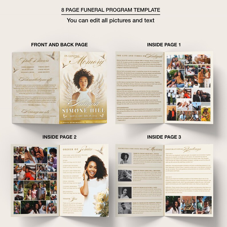 8 Page Gold Angel Funeral Program 8.5"x11" BOOKLET Template, Canva ...
