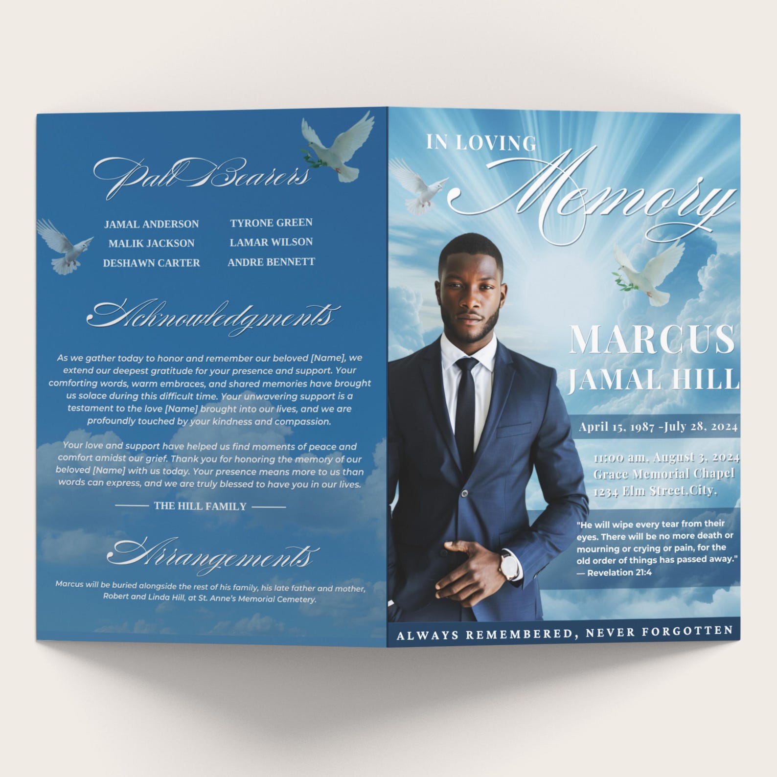 Funeral Memorial Program, 8 Pages, 8.5x11 Inch, Blue Cloud Funeral ...