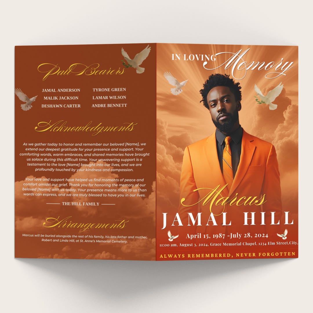 Orange Funeral Memorial Program, 8 Pages, 8.5x11 Inch, Funeral Program ...