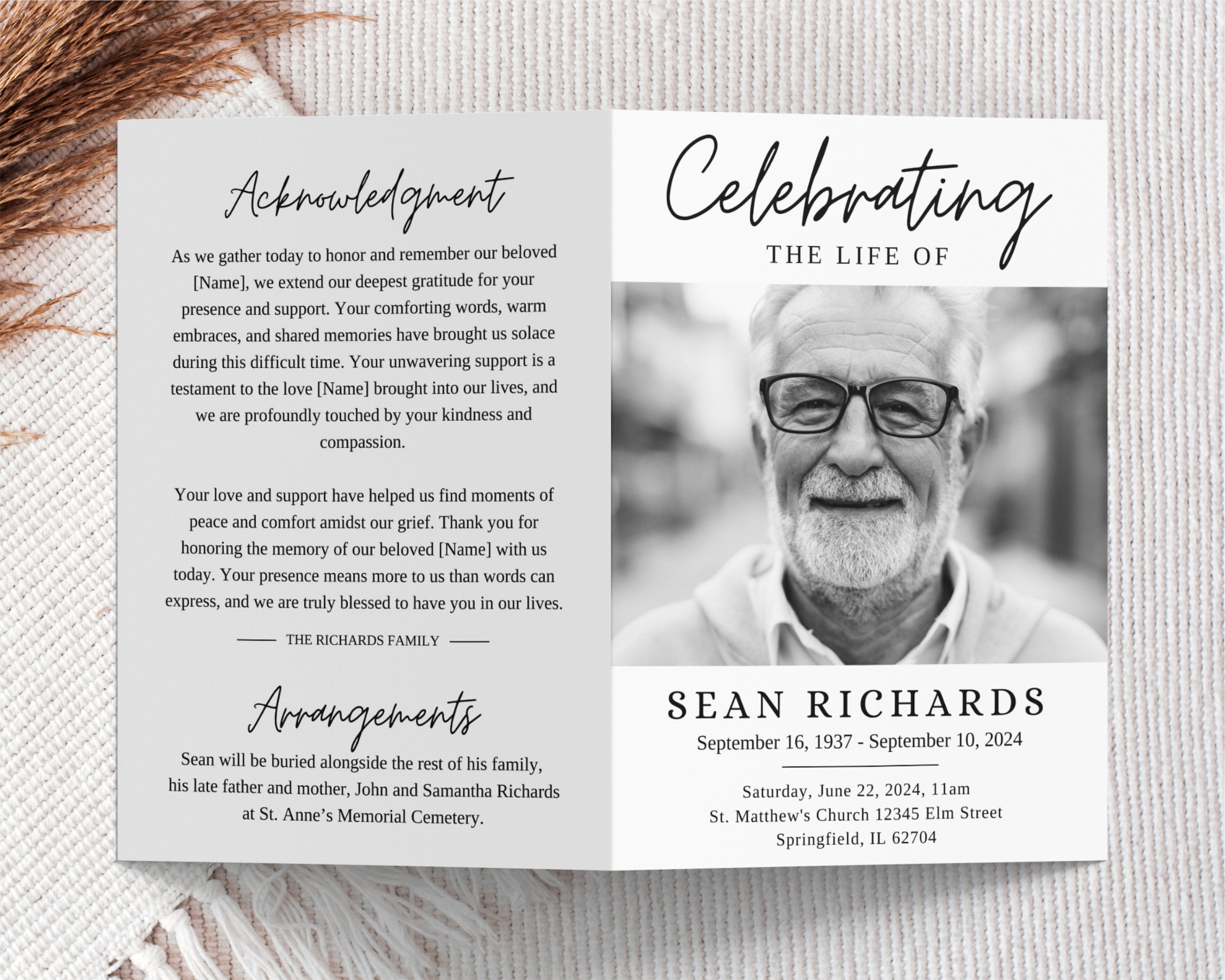 Funeral Program Template, Memorial Program, Editable Memorial Service ...