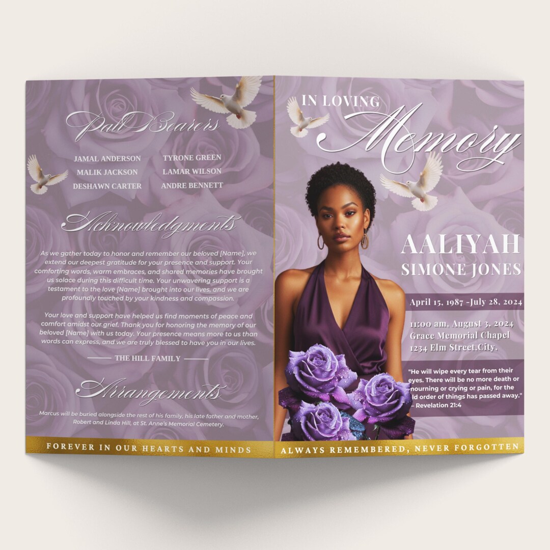8 Page Purple Funeral Program 8.5"x11" BOOKLET Template, Canva, Beige ...