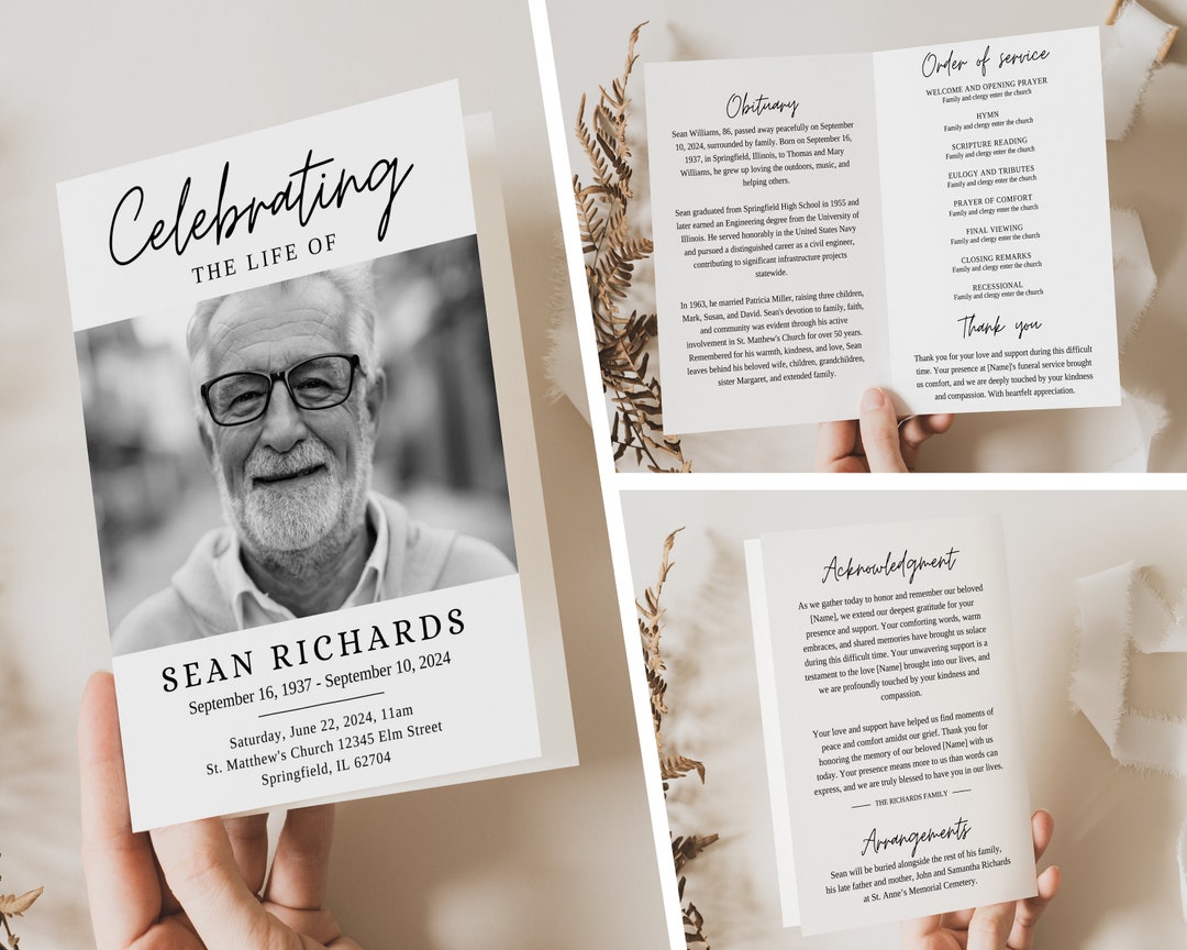 Funeral Program Template, Memorial Program, Editable Memorial Service ...