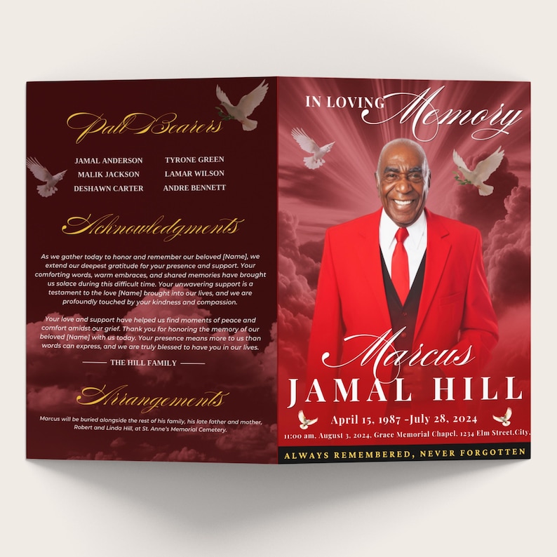Red Funeral Memorial Program, 8 Pages, 8.5x11 Inch, Cloud Funeral ...