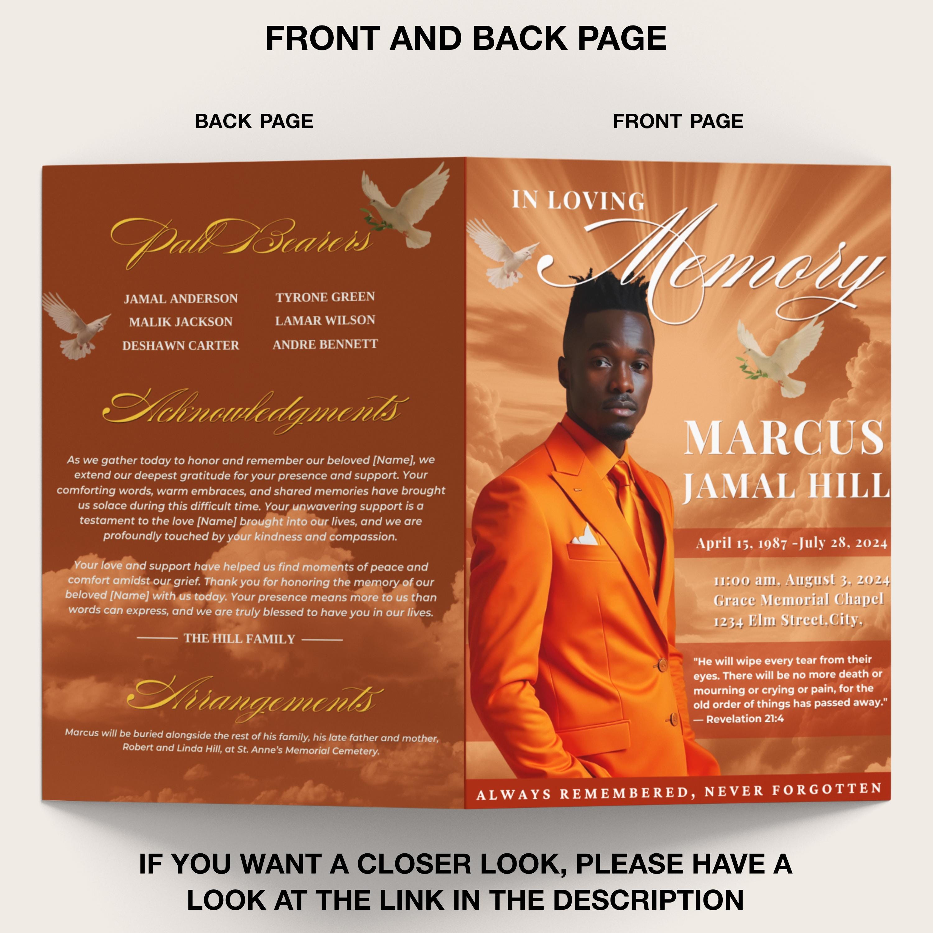 Orange Funeral Memorial Program, 8 Pages, 8.5x11 Inch, Funeral Program ...