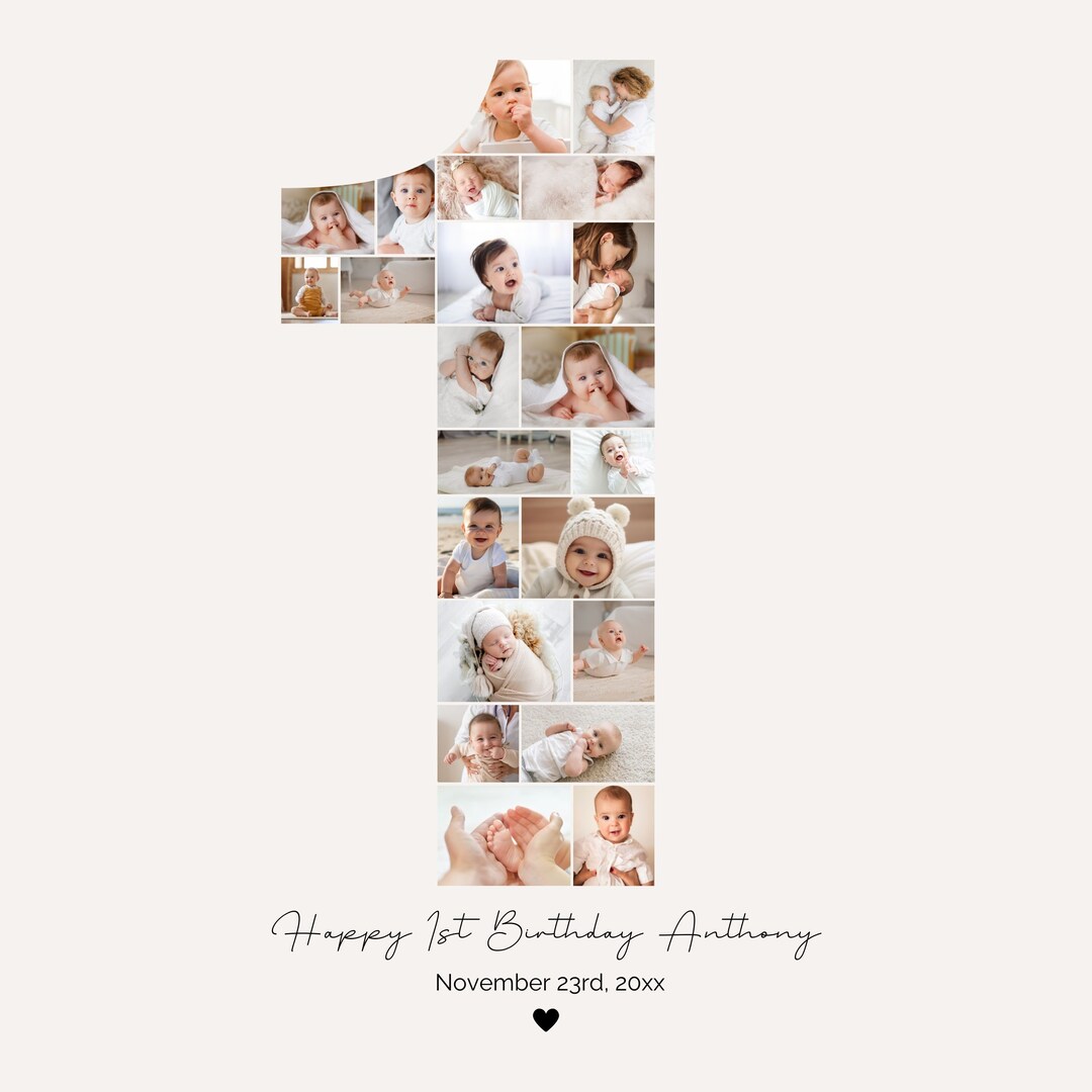 Happy 1st Birthday Photo Collage Template, First Birthday Number Photo ...