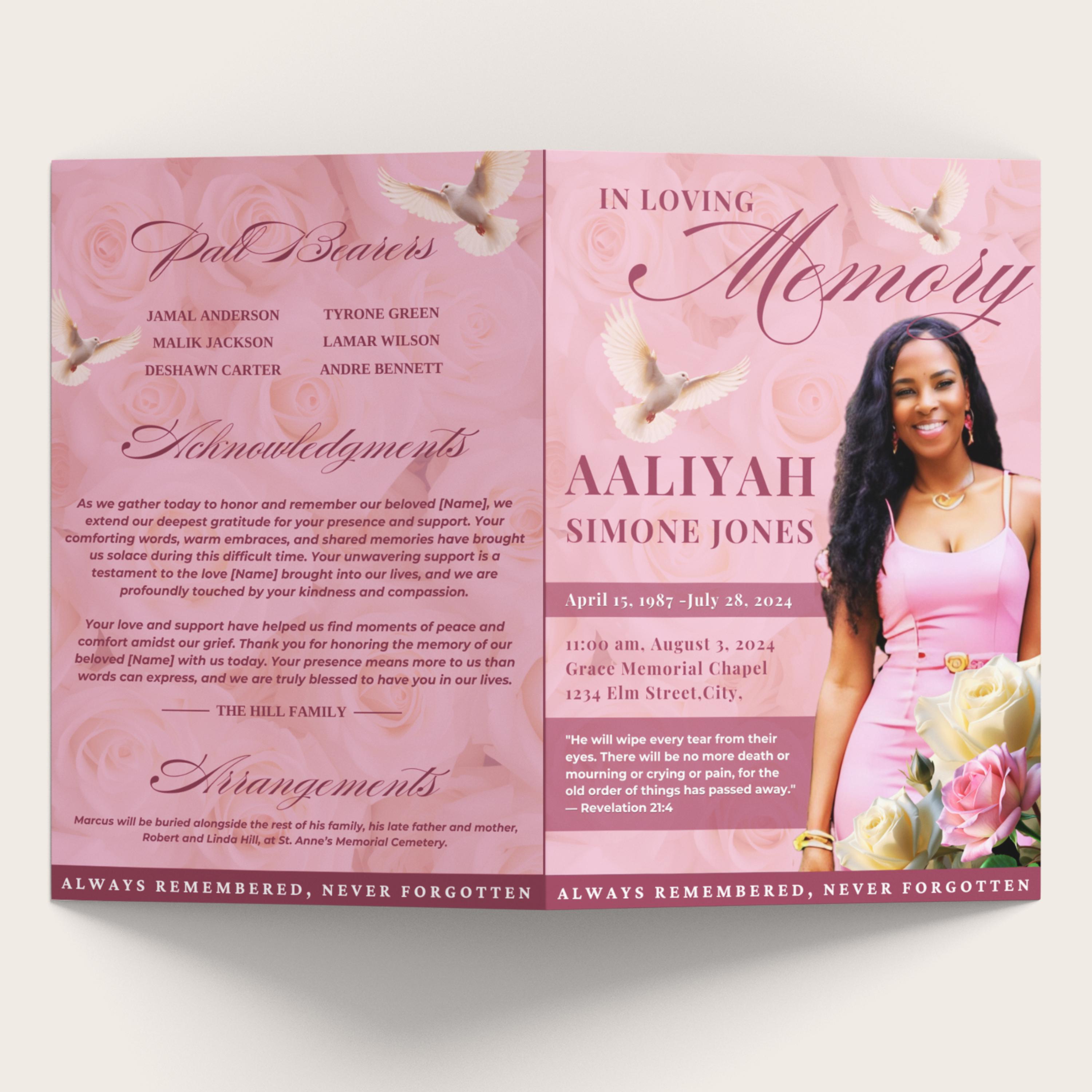 8.5"x 11" PINK ROSE Obituary Template 8 Pages Pink Style Funeral ...