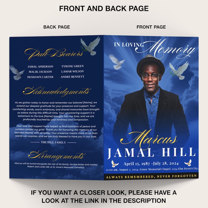Dark Blue Funeral Memorial Program, 8 Pages, 8.5x11 Inch, Funeral ...