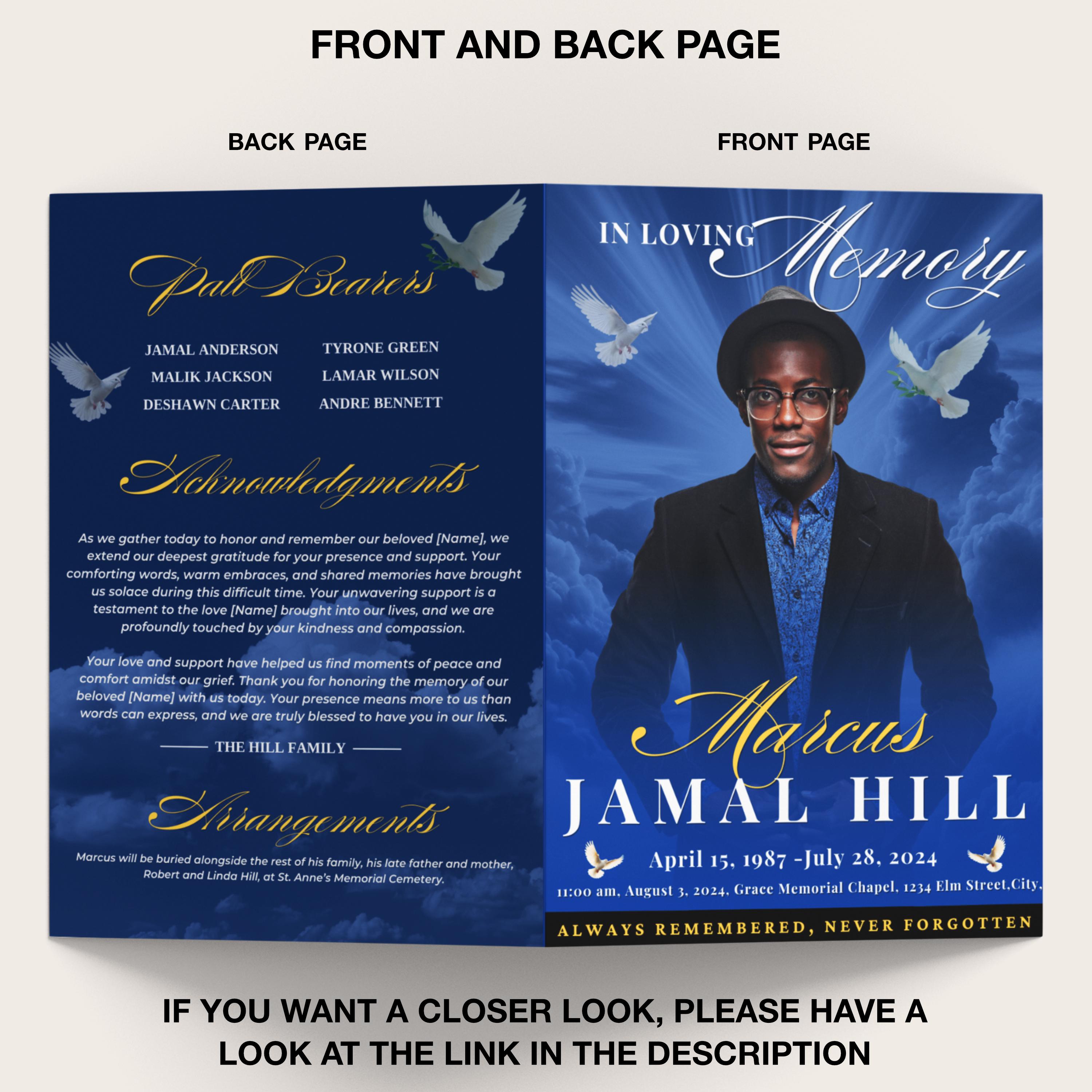 Dark Blue Funeral Memorial Program, 8 Pages, 8.5x11 Inch, Funeral ...