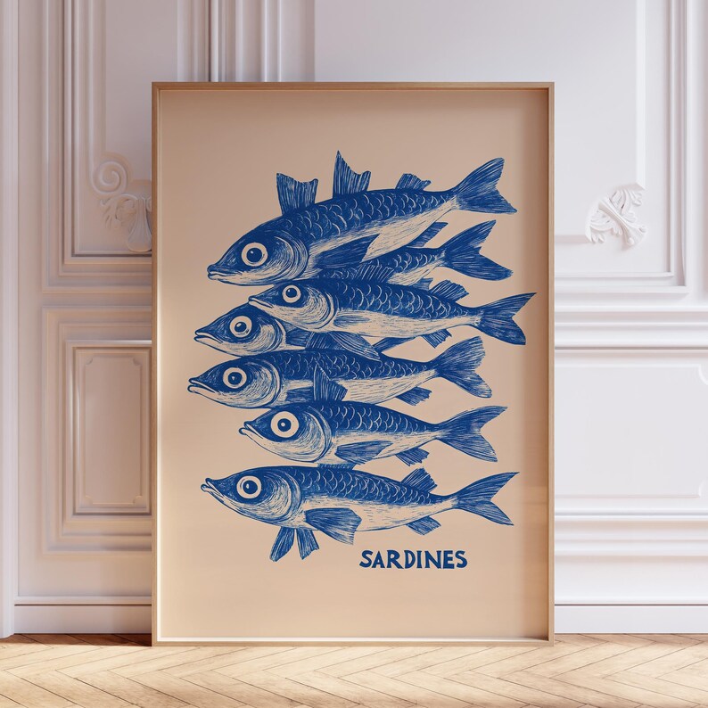 Blue Sardine Print | Blue Fish Print | Sardine Kitchen Print | Retro ...