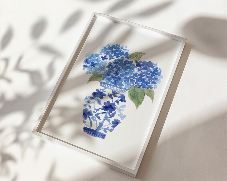 Blue Hydrangea Print | Floral Watercolor Chinoiserie Wall Art | Blue ...