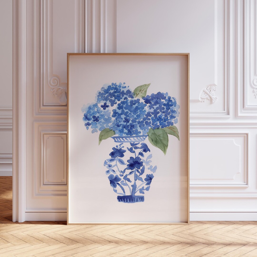 Blue Hydrangea Print | Floral Watercolor Chinoiserie Wall Art | Blue ...