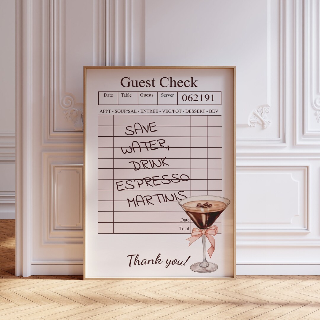 Save Water Drink Espresso Martinis Guest Check Print | Retro Guest Check Poster | Pink Guest ...