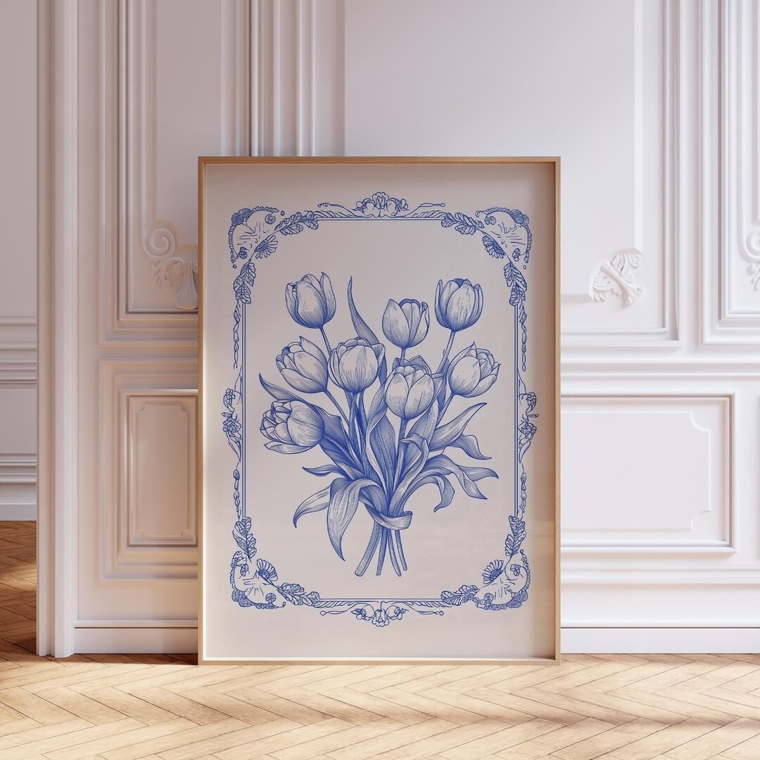 Blue Floral Print | Vintage Tulip Art Print | Light Blue Flower Print ...