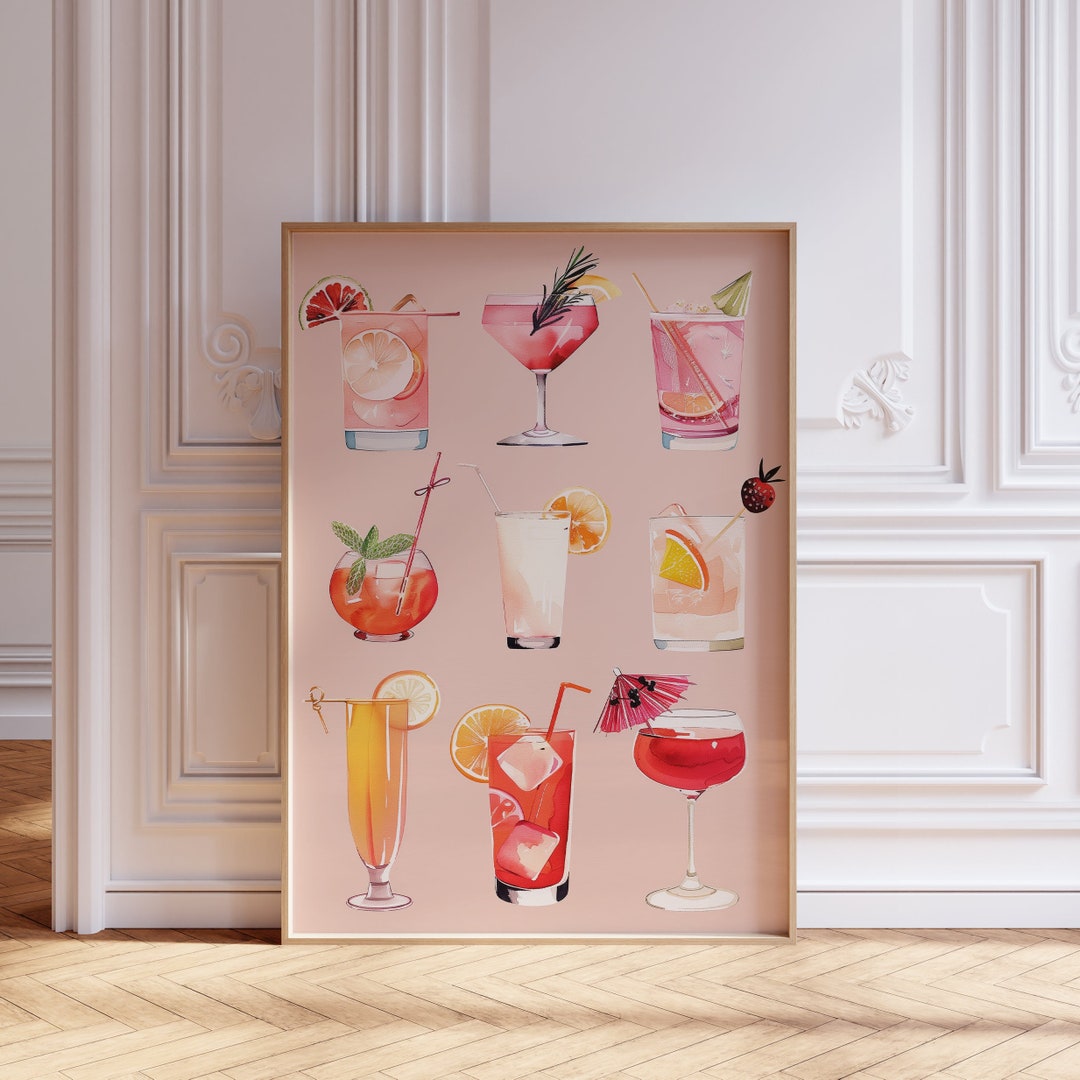 Pink Bar Cart Print | Pink Cocktail Poster | Pink Martini Poster ...