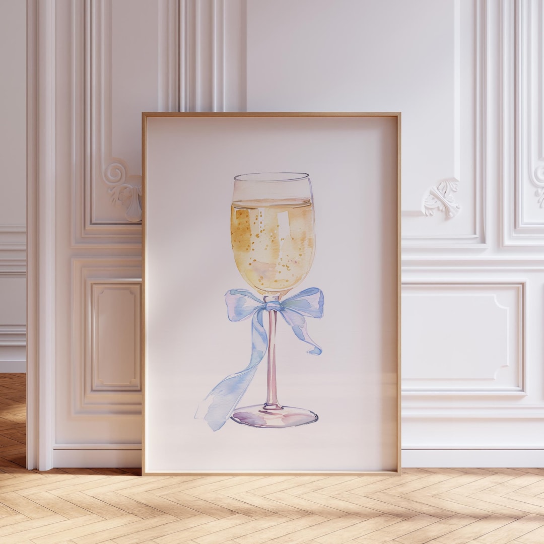 DIGITAL DOWNLOAD | Champagne With Blue Bow Print | Watercolor Champagne ...