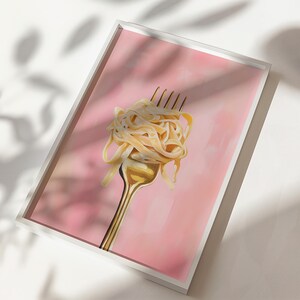 Pink Pasta Wall Art | Cute Pasta Print | Gold Fork Food Print | Trendy ...