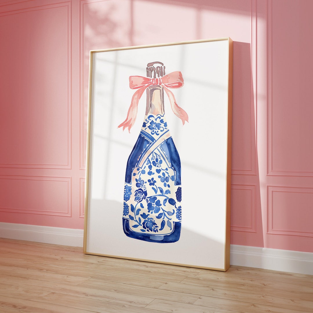 Pink Bow Coquette Art Print | Champagne Print | Blue Chinoiserie Art ...