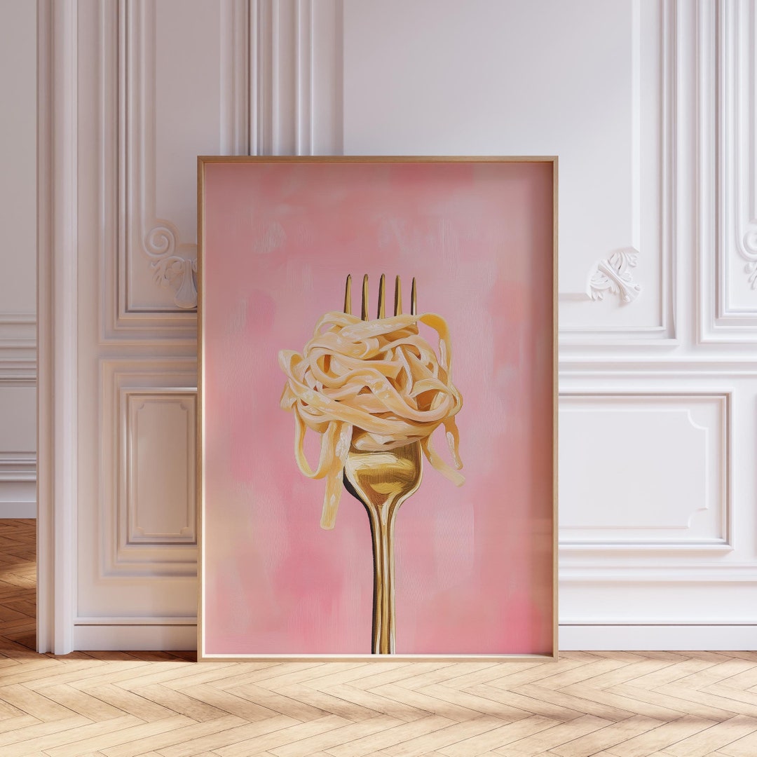 Pink Pasta Wall Art | Cute Pasta Print | Gold Fork Food Print | Trendy ...
