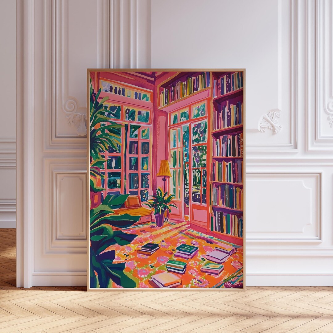 Pink Book Art Print | Colorful Library Art Print | Bookish Print ...