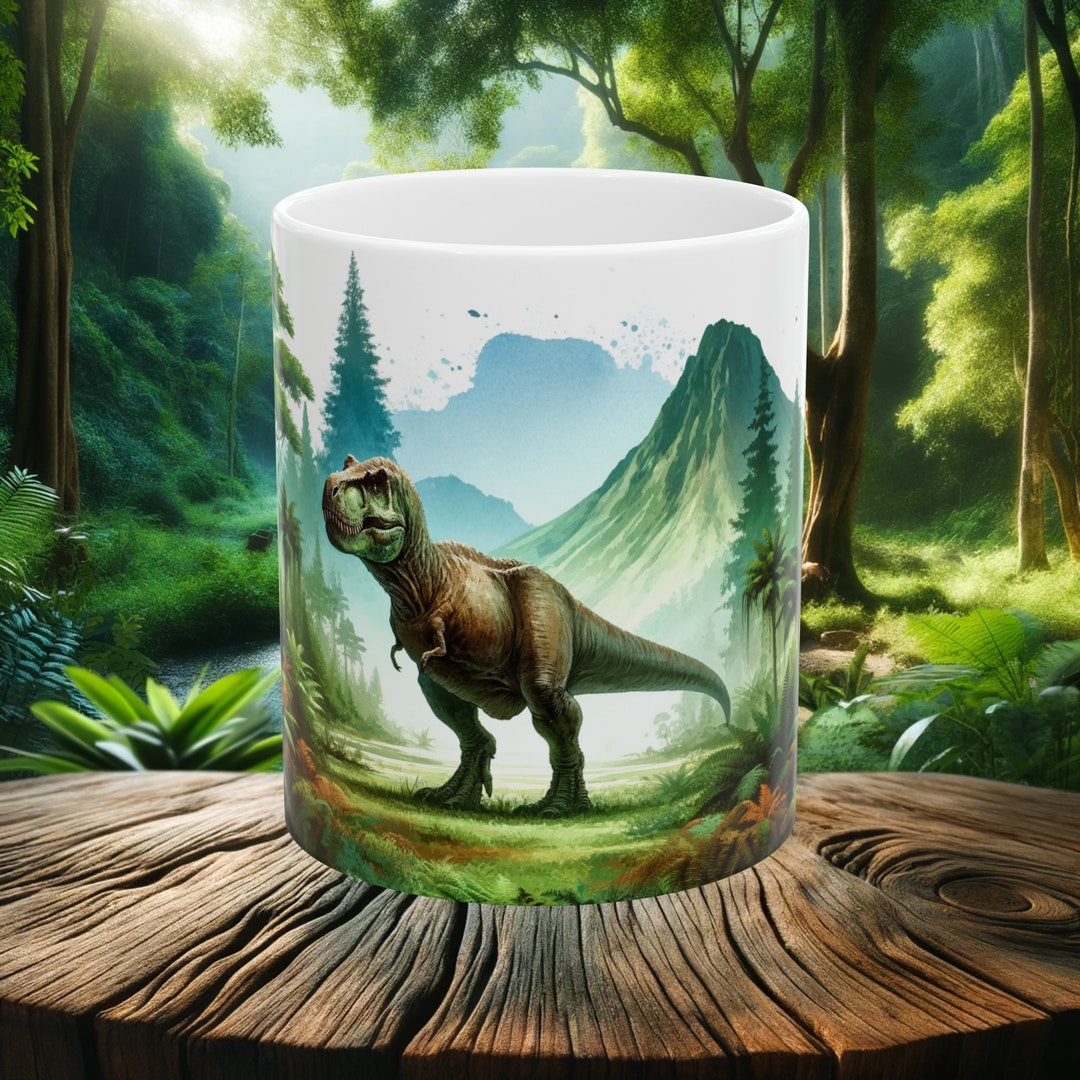 Jurassic Jolt Mug - T-rex in Prehistoric Landscape Ceramic Cup | T-rex ...