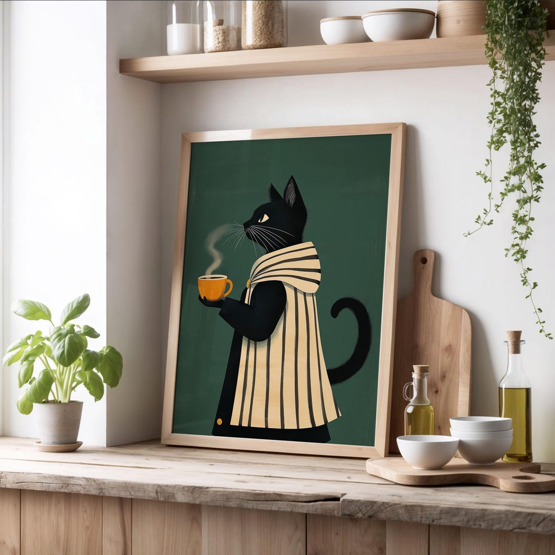 Minimalist Black Cat Print Chilling With Coffee, Green Minimalist Art ...