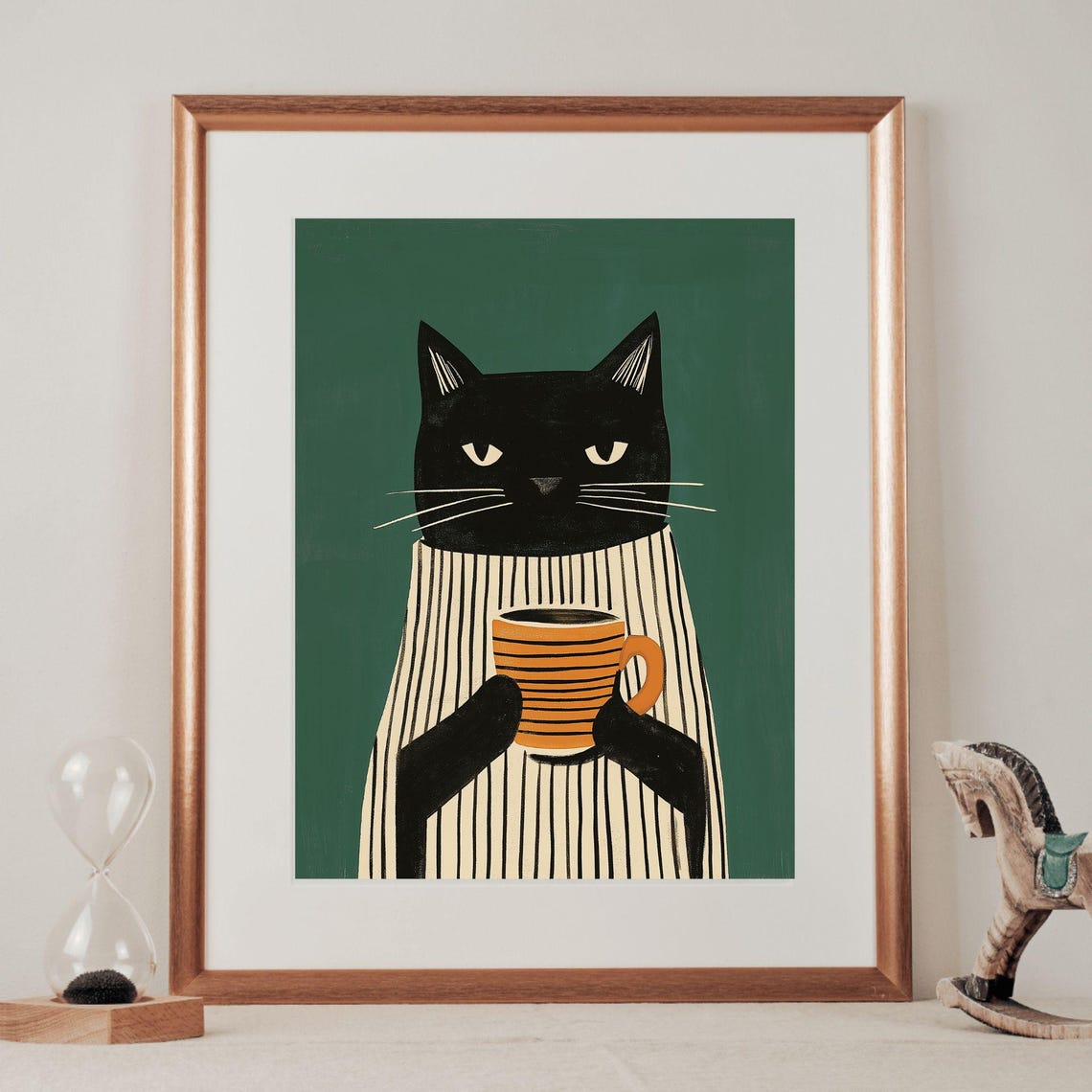Minimalist Black Cat Print Chilling With Coffee, Mid Century Modern Cat ...