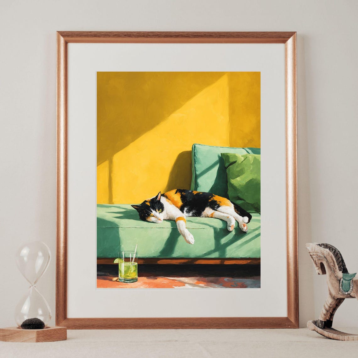 Calico Cat With Margarita Art Print, Lime Cream Green Wall Art, Cat ...