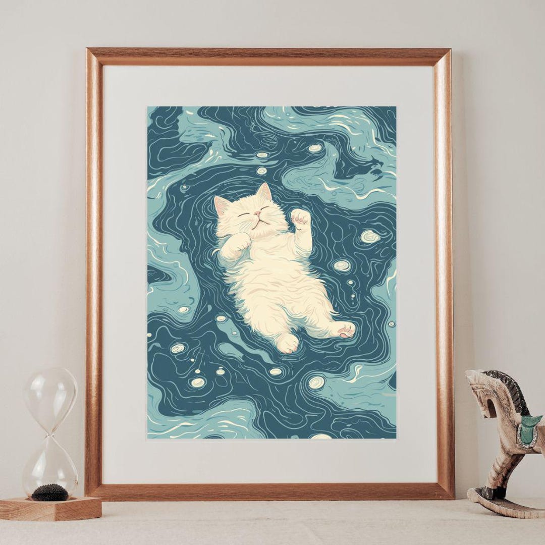 Drowned Cat, Cute Cat Illustration, Japanese Cat Art, Hand Drawn Style ...