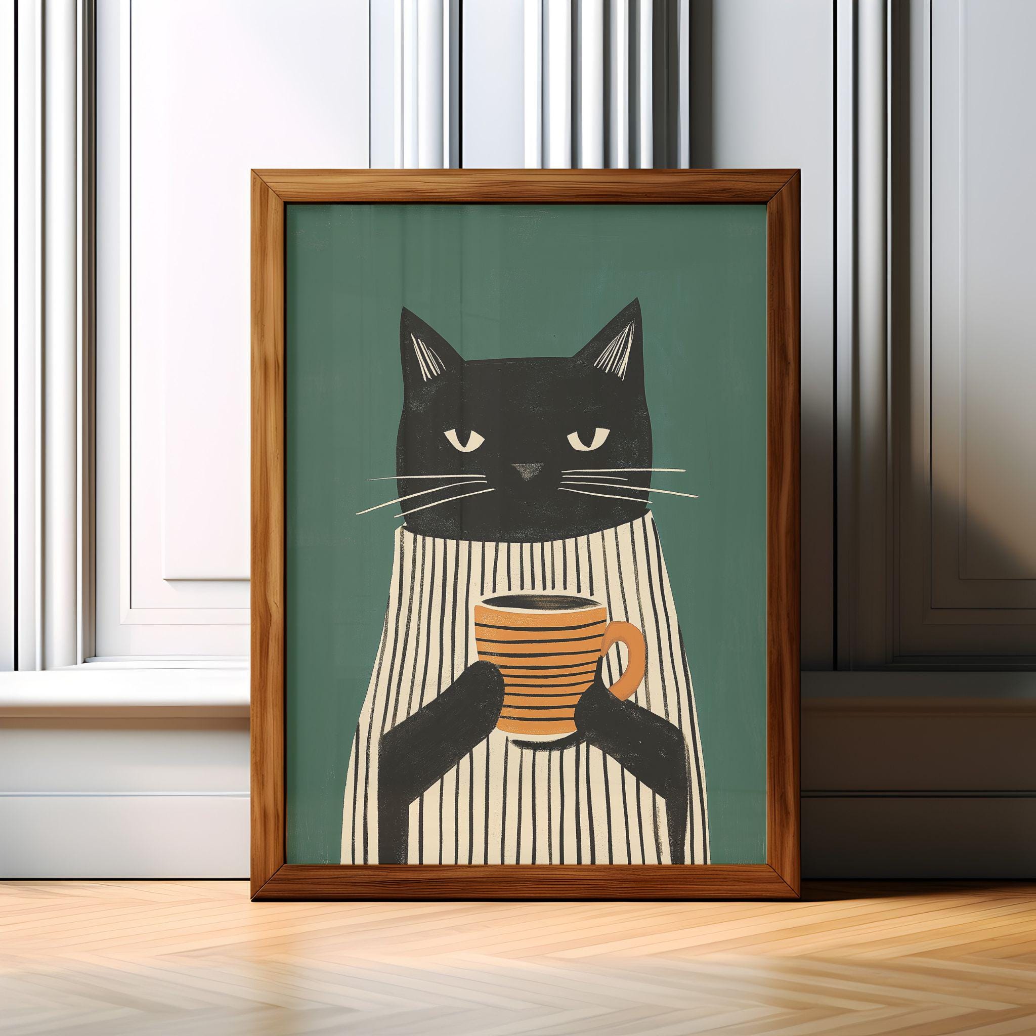 Minimalist Black Cat Print Chilling With Coffee, Mid Century Modern Cat ...
