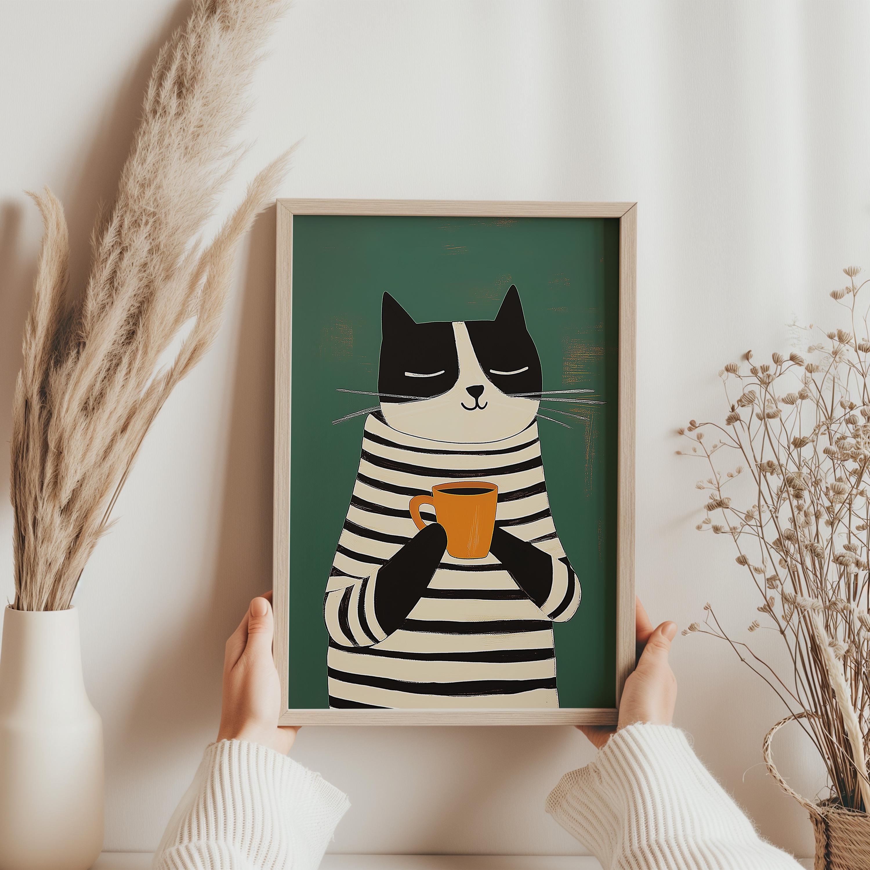 Minimalist Tuxedo Cat Print Chilling With Coffee, Mid Century Modern ...