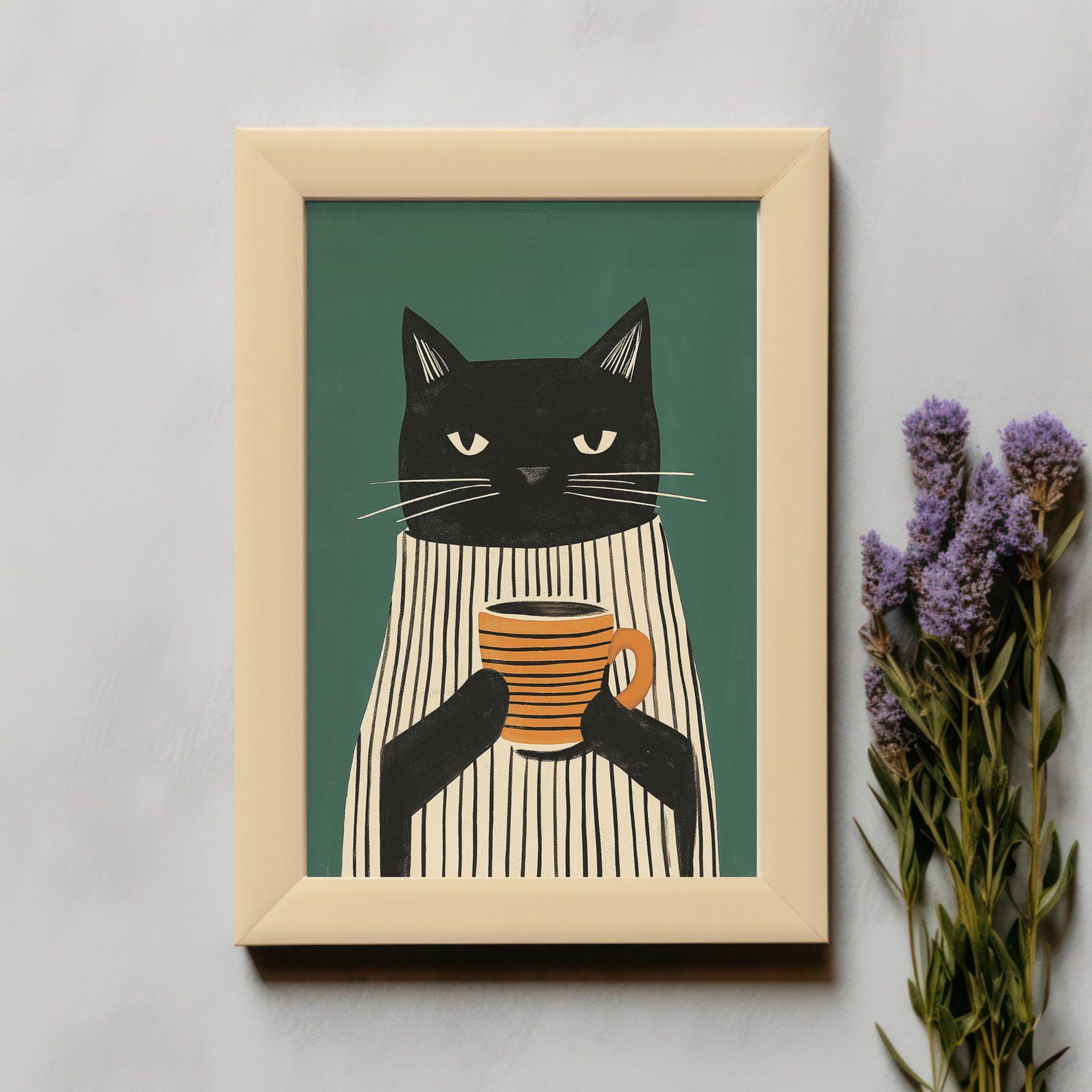 Minimalist Black Cat Print Chilling With Coffee, Mid Century Modern Cat ...