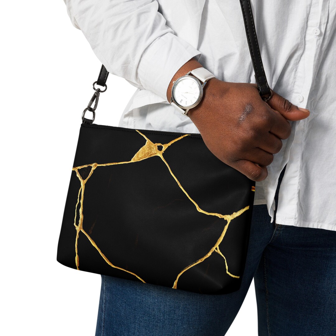 Black Gold Kintsugi Crossbody Bag, Faux Leather, Vegan Bag, Zipper Hand Bag, Womens Black Bag ...