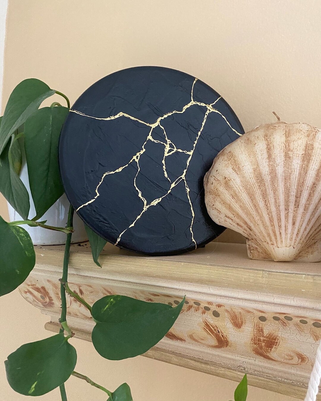 Black Gold Faux Kintsugi Wall Disc, Round Wall Art, Ancient Japanese ...