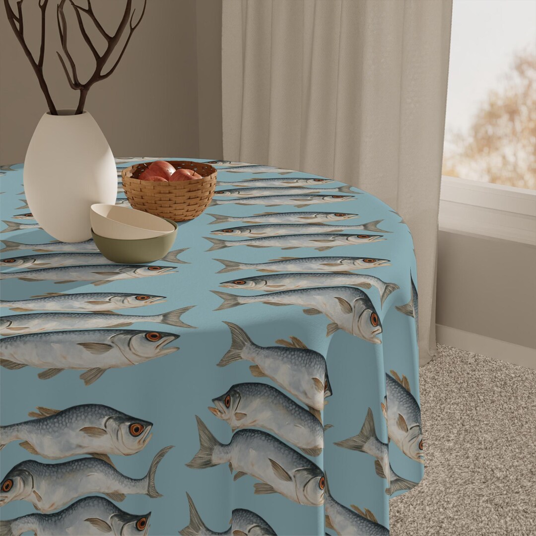 Vintage Sardine Fish Pattern Tablecloth | Nautical Seafood Print, Aqua ...