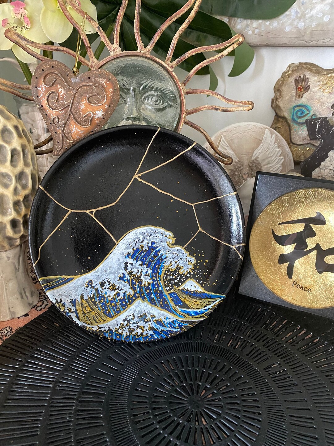 Japanese Kintsugi the Great Wave, Black Gold Faux Kintsukuroi, Melamine Faux Kintsugi Plate ...
