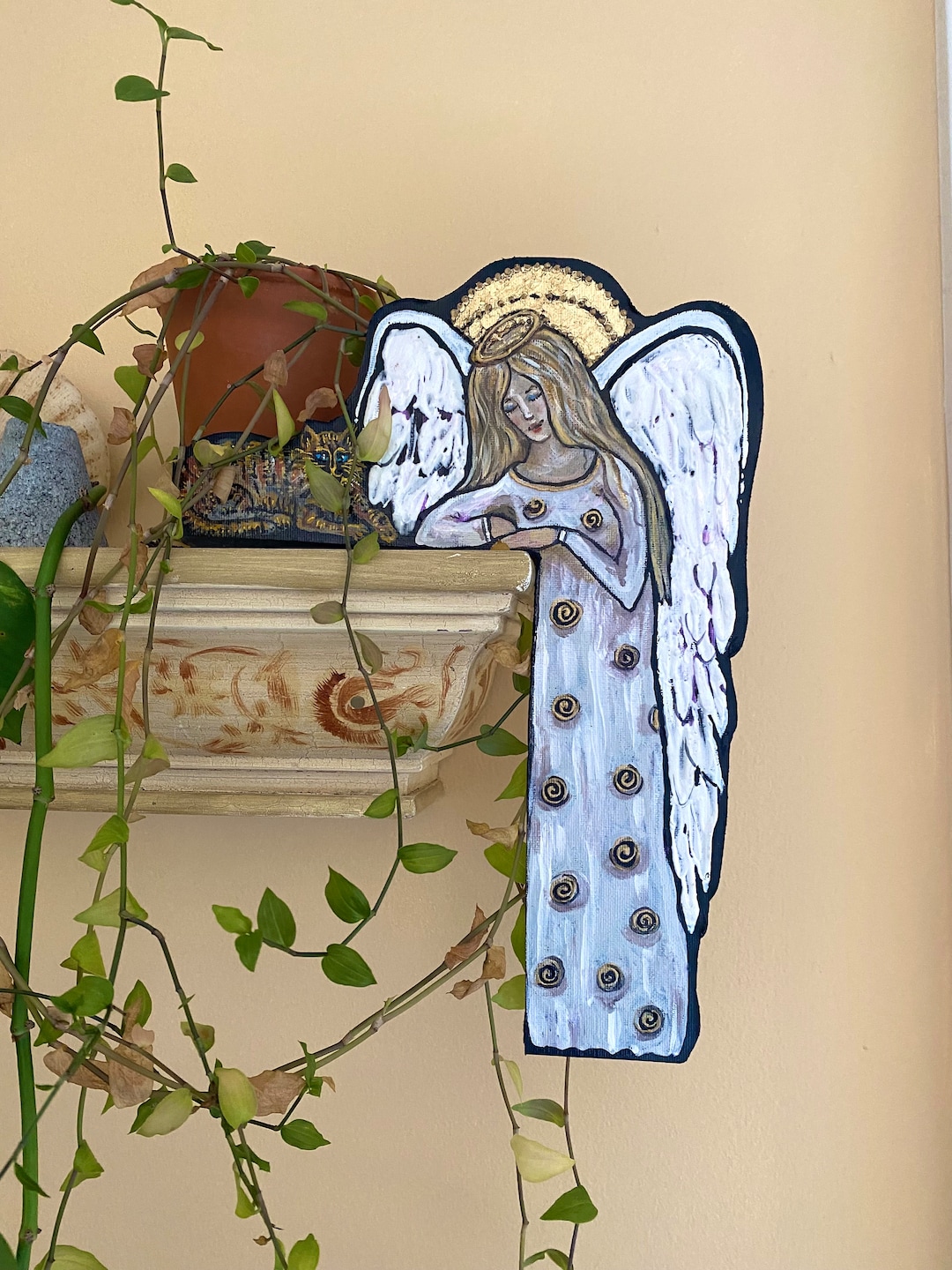 Corner Angel, Tabby Cat, Cute Fun Angel Folk Art, Angel Above, Guardian ...