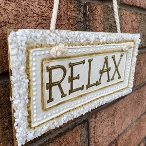 White Plaster Meditating RELAX Sign, Inspirational Wooden Sign, Yoga ...