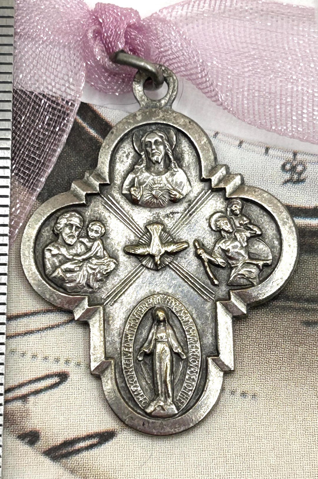 Vintage Silver Plated Four Way Cross Scapular Religious Medal Pendant ...