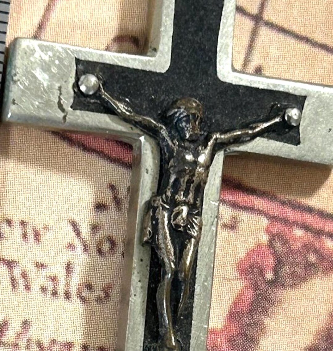 Vintage Large Ebony Wood Inlay Old Cross Crucifix Pendant Pectoral ...