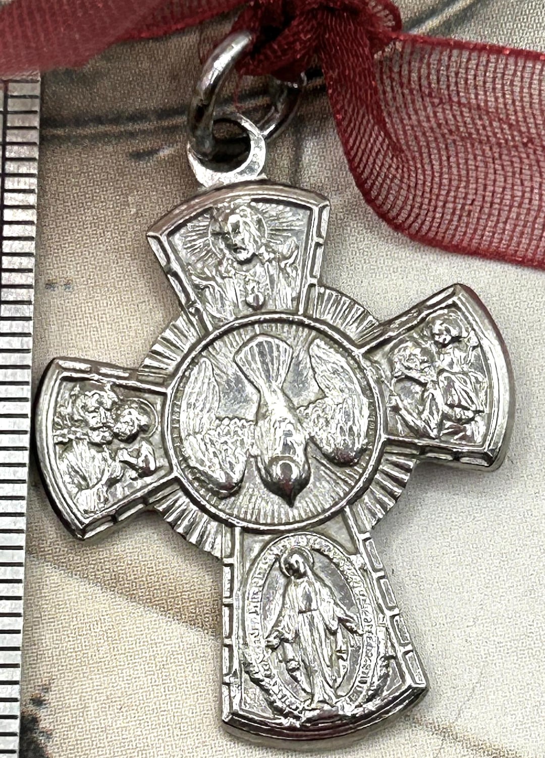 Vintage Silver Plated Catholic Four Way Cross Religious Medal Pendant ...