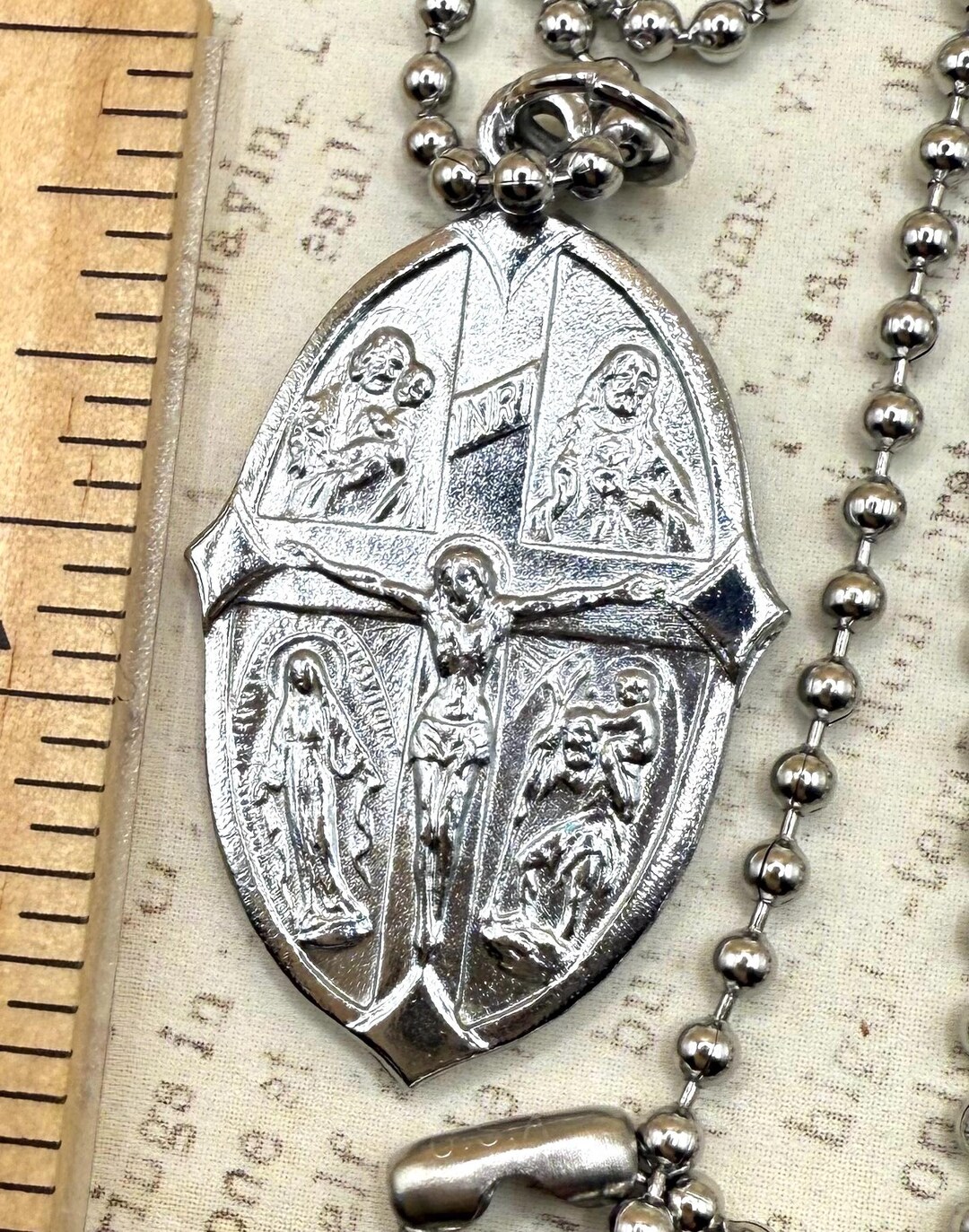 Vintage Scapular Religious Medal Four Way Cross Pendant Long Necklace ...