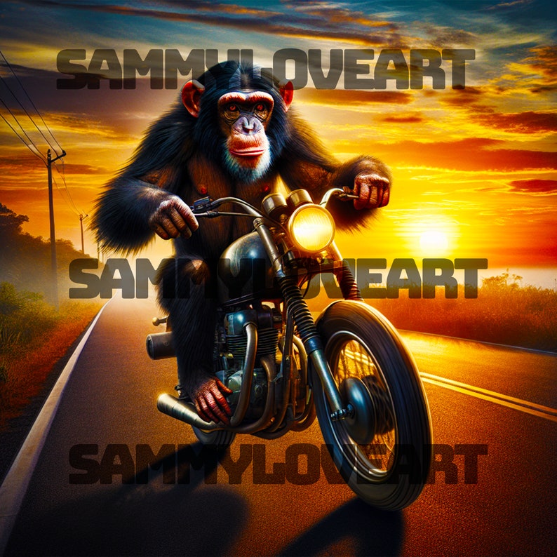 Chimpanzee Riding a Motorcycle in the Sunset Png - Etsy