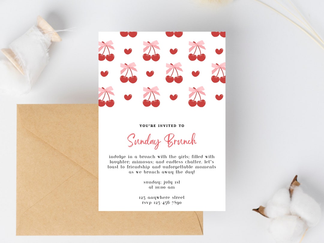 Sunday Brunch Invitation Instant Digital Download Cherry Pink Coquette ...